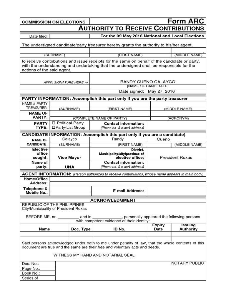 Form ARC A R C: Uthority To Eceive Ontributions | PDF | Notary Public ...