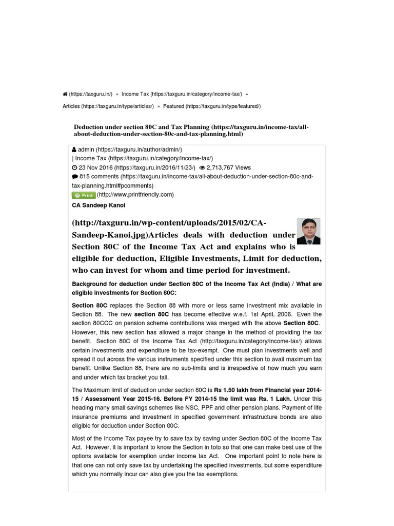 80C Deduction - Tax Deduction Under Section 80C and Tax Planning | PDF ...