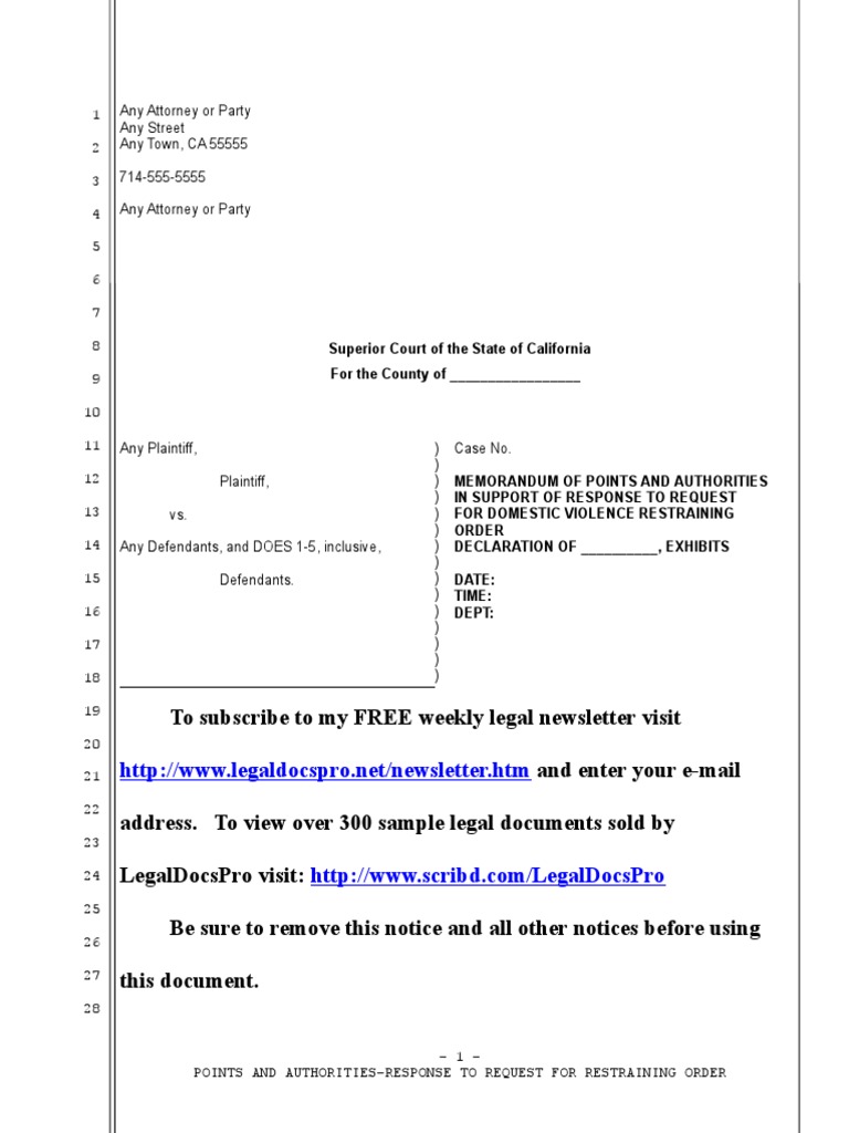 Sample Opposition To Request For Domestic Violence Restraining Order in ...