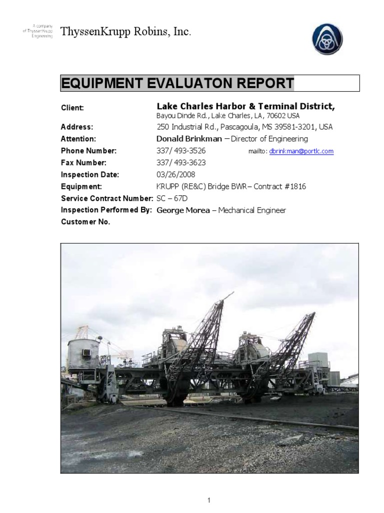 Equipment Evaluaton Report: Thyssenkrupp Robins, Inc | PDF