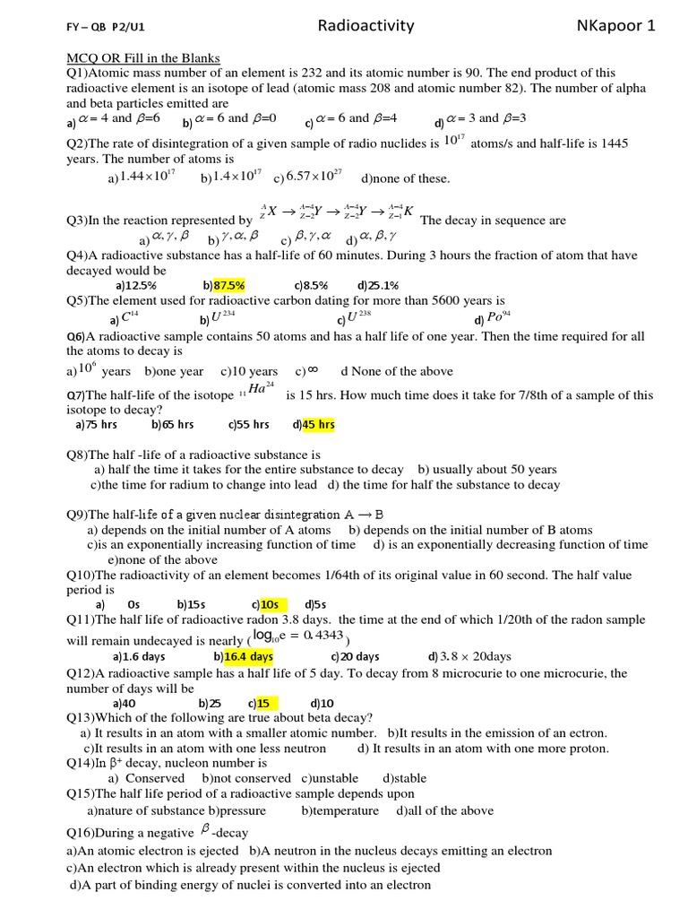 FY Radio MCQ | PDF | Radioactive Decay | Atomic Nucleus