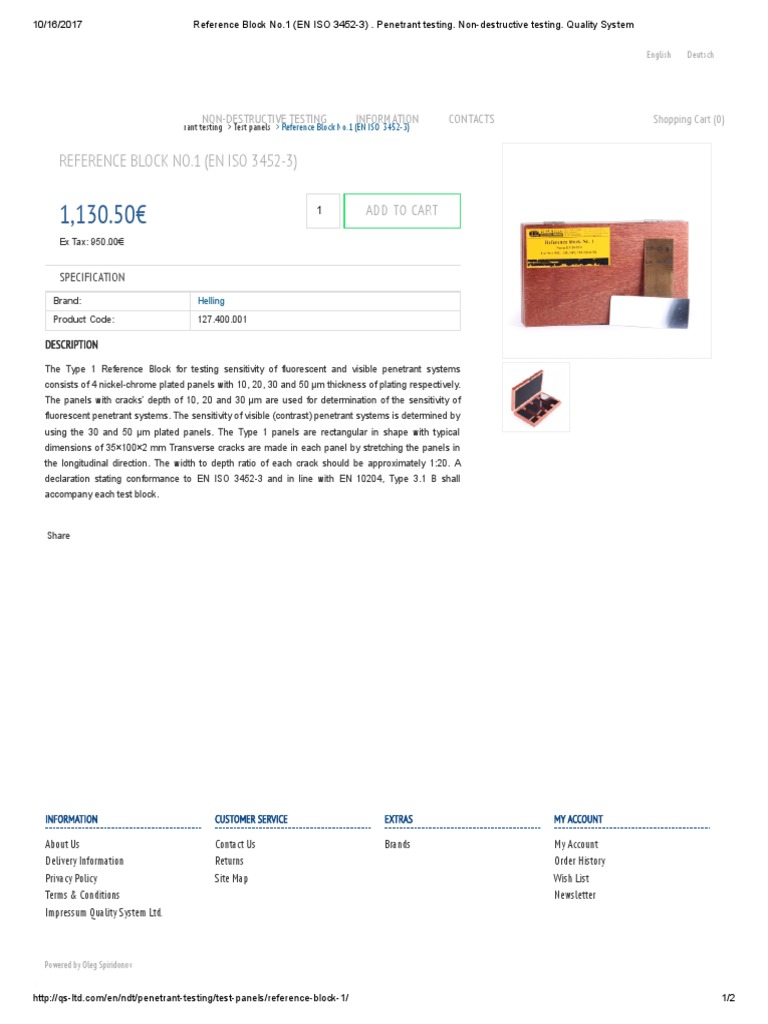 Reference Block No.1 (En ISO 3452-3) - Penetrant Testing. Non ...