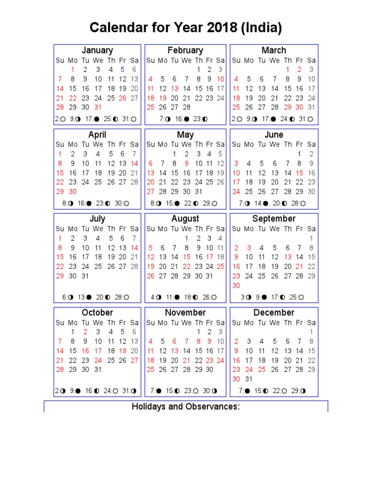 Year 2018 Calendar – India | Holidays | South Asia