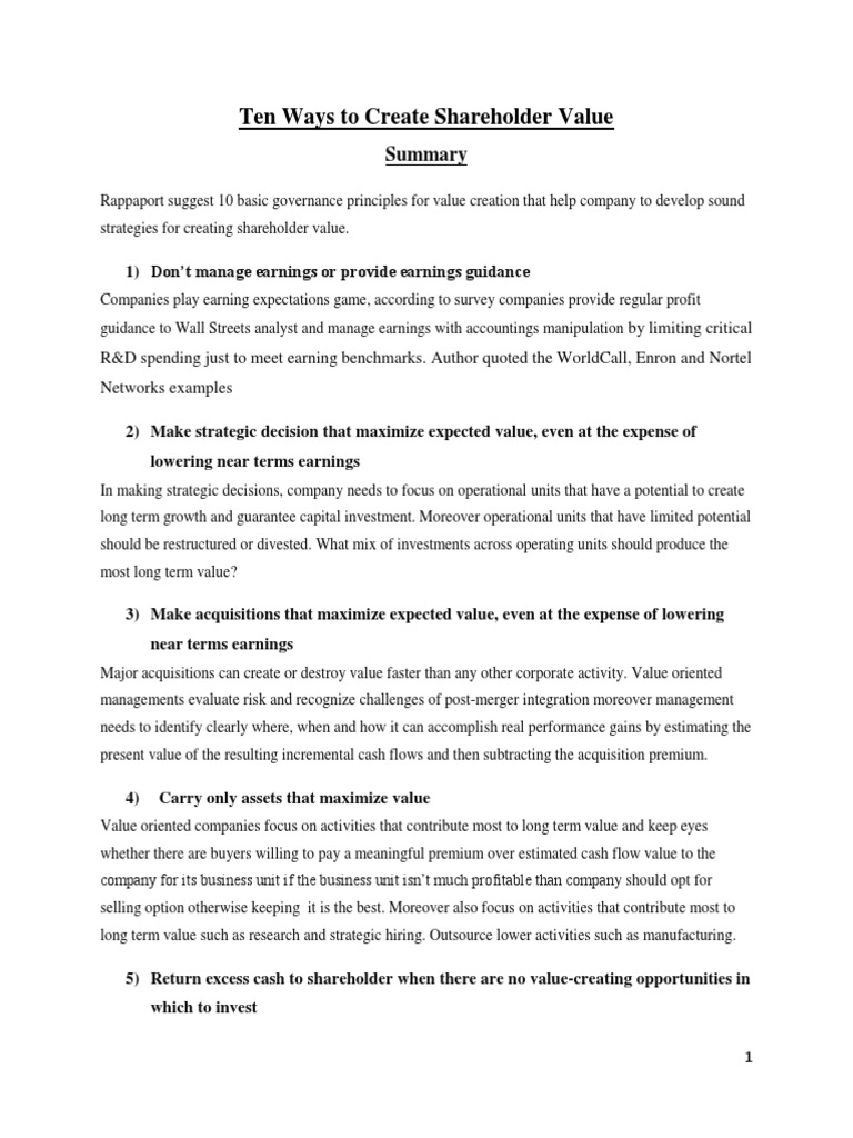 Ten Principles for Shareholder Value Creation | PDF | Shareholder Value ...