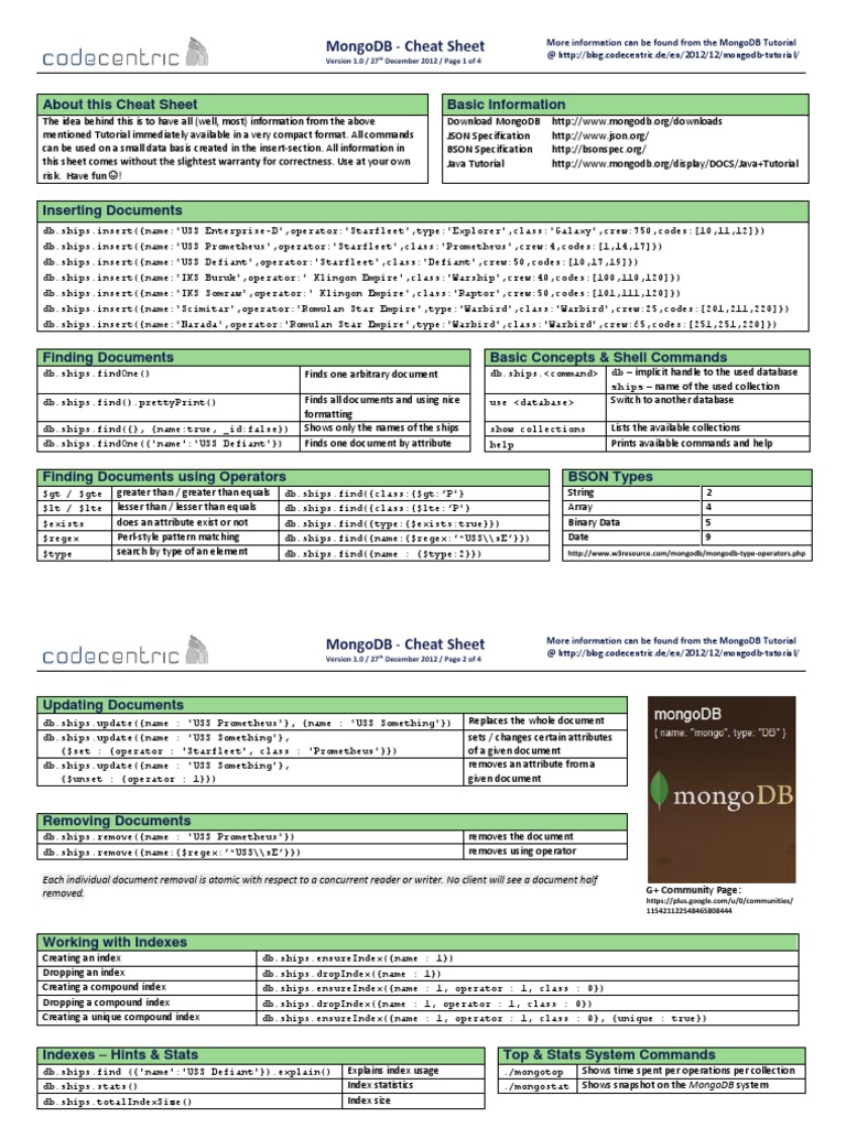 MongoDB CheatSheet v1 0 | PDF | Mongo Db | Data Management