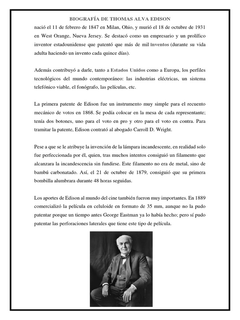 Biografía de Thomas Alva Edison | PDF | Thomas Edison | Patentar