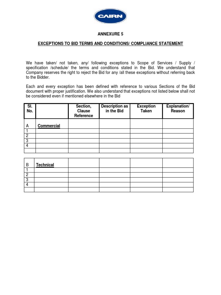 Annexure 5 Exceptions To Bid Terms and Conditions/ Compliance Statement ...