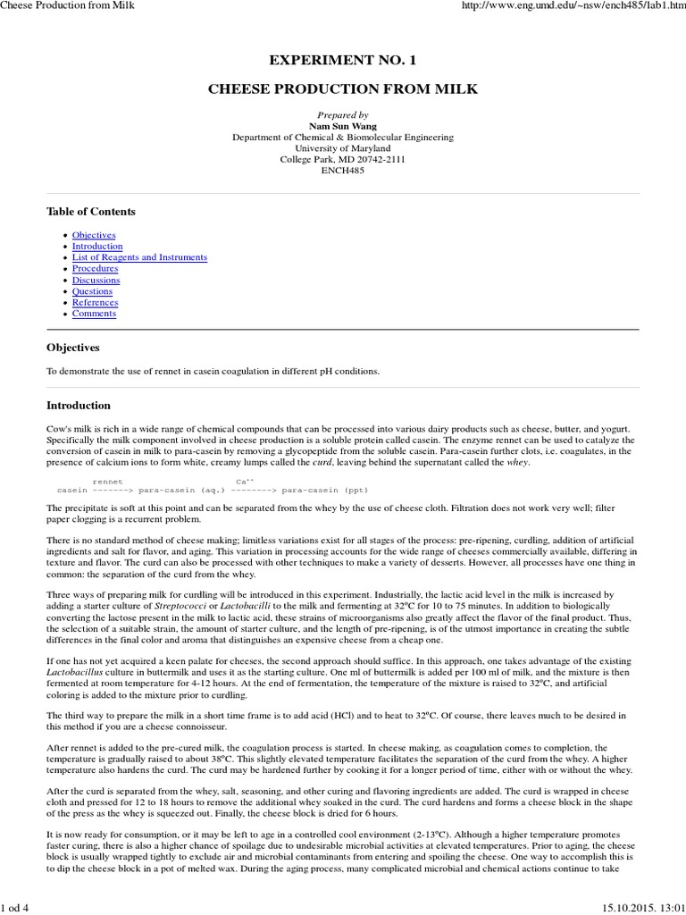 Experiment No. 1 Cheese Production From Milk: Prepared by | Download ...