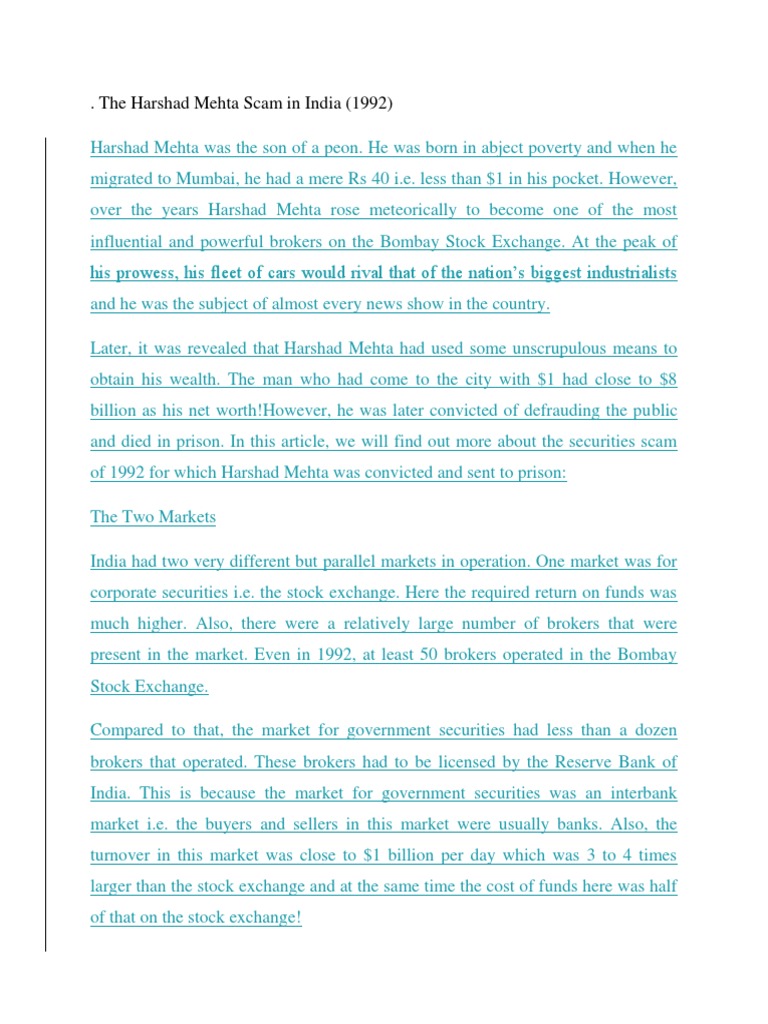 Harshad Mehta Scam: 1992 Fraud | PDF | Securities (Finance ...
