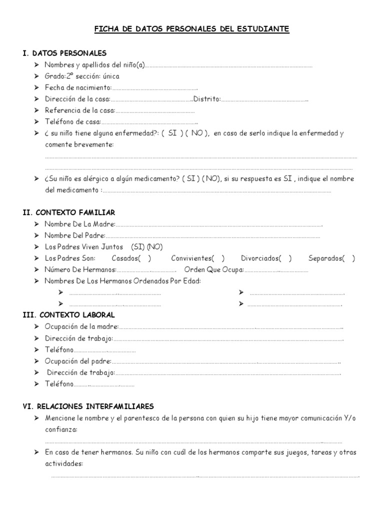 Ficha de Datos Personales Del Estudiante | PDF | Bienestar | Medicina