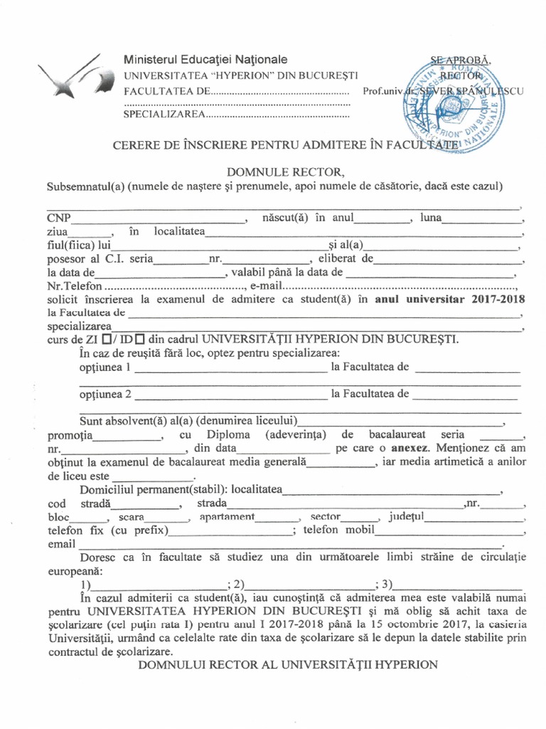 Cerere Admitere Hyperion 2017-2018 | PDF