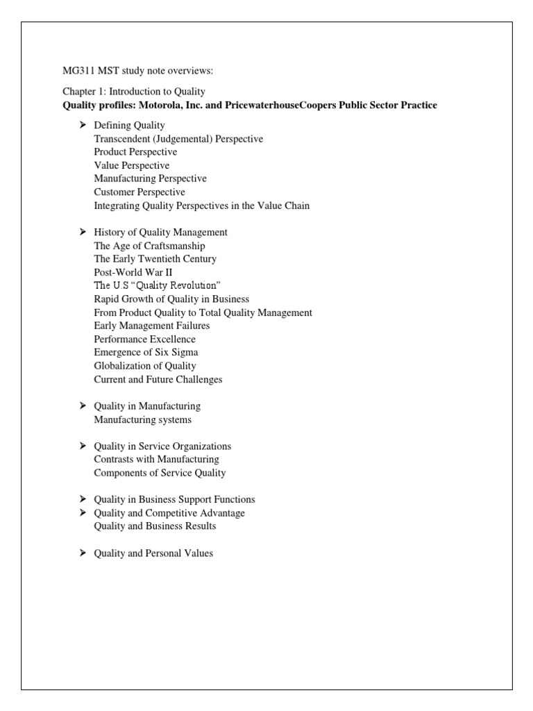 MG311 MST Study Note Overviews | PDF | Quality Management | Production ...