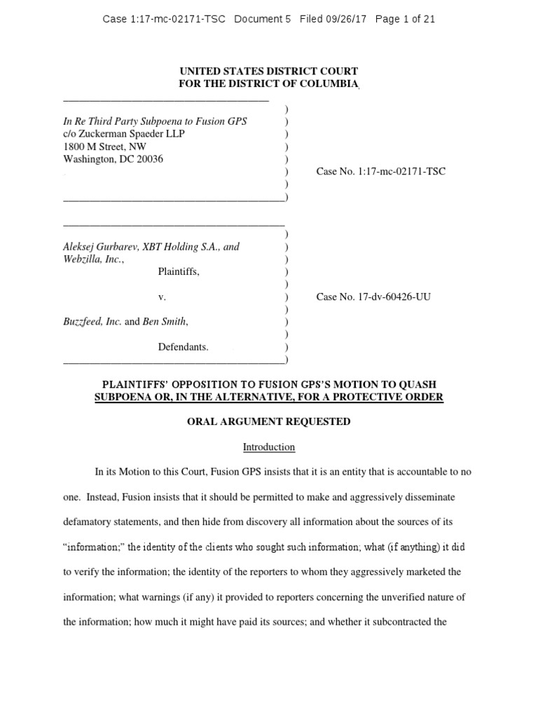 Third Party Subpoena to Fusion GPS et al. v Buzzfeed Inc et al ...