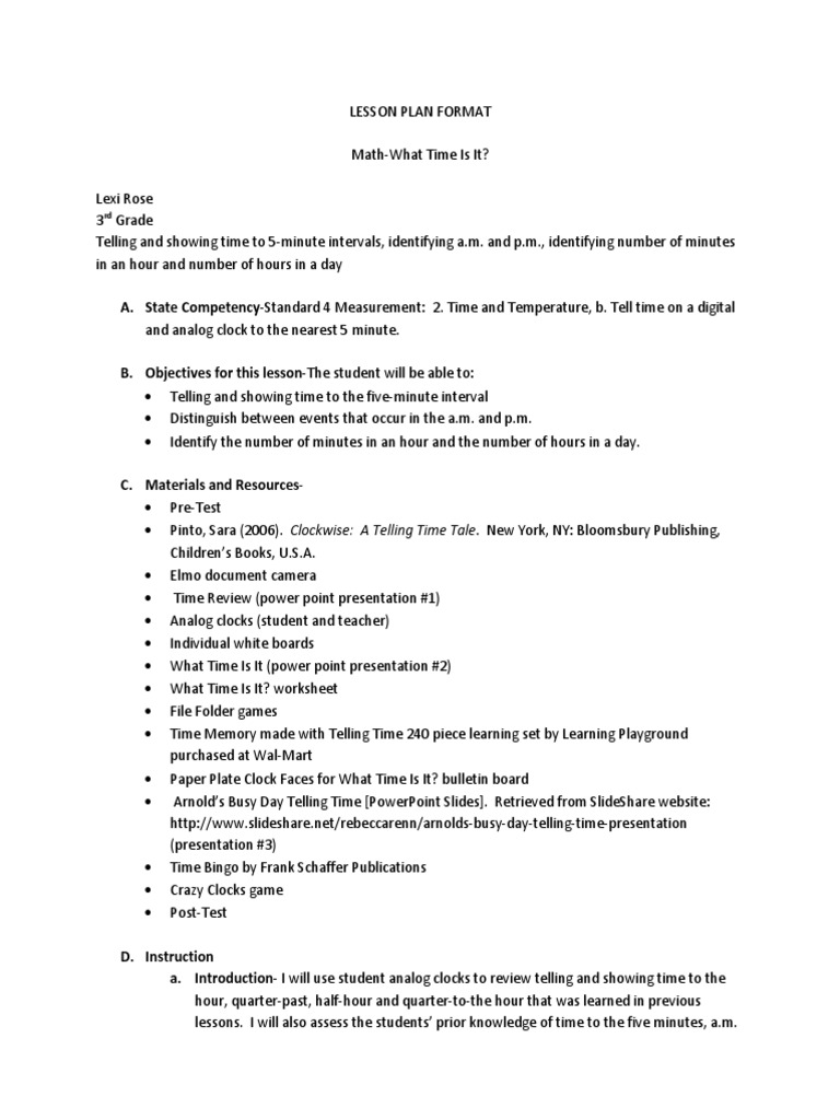 Time Lesson Plan | Download Free PDF | Clock | Lesson Plan