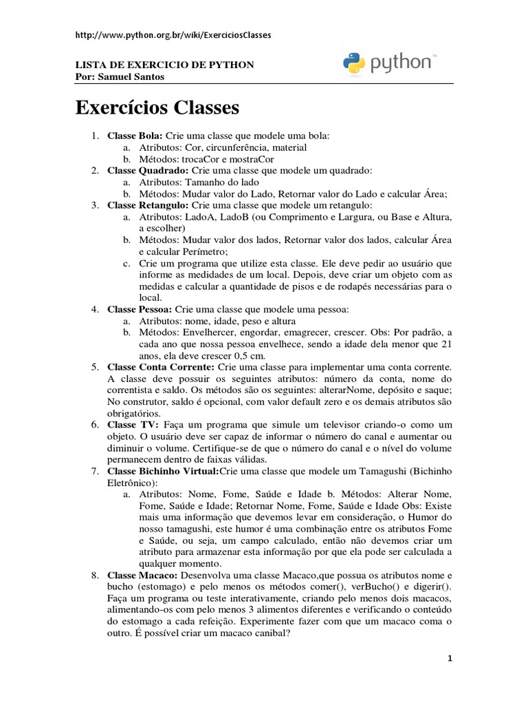 Lista De Classes Pdf Classe Programação De Computadores Método Programação De Computadores