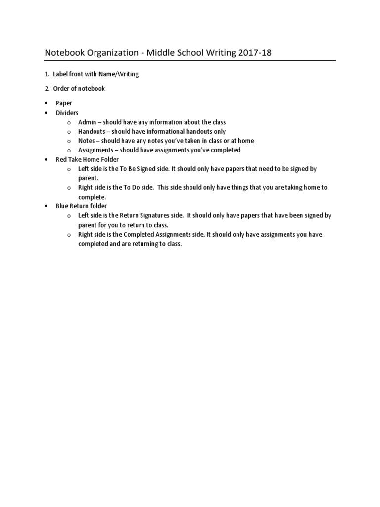 Middle School Notebook Organization Guide | PDF