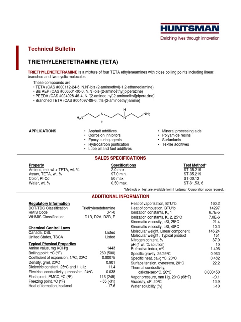 Data Sheet For Tetraethyltetramine (TETA) | PDF | Iron | Carbon