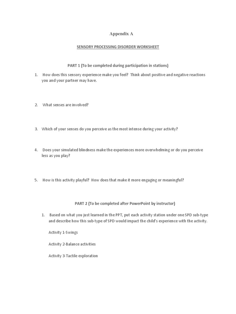 Sensory Processing Disorder Worksheet: Appendix A | PDF