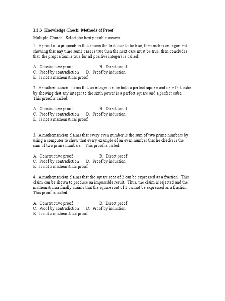 Methods of Proof Knowledge Check: Multiple Choice Questions about Constructive Proofs, Direct ...