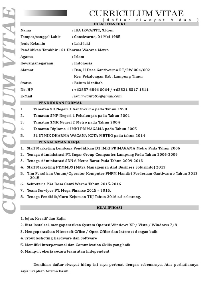 Curriculum Vitae Ika Irwanto Pendamping Desa Pemberdayaan | PDF