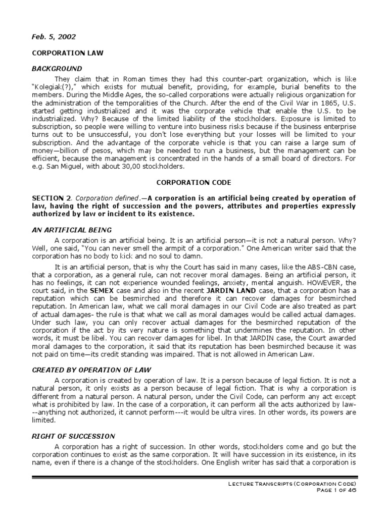 Lecture Transcripts (Corporation Code) Page 1 of 46 | PDF | Preferred ...