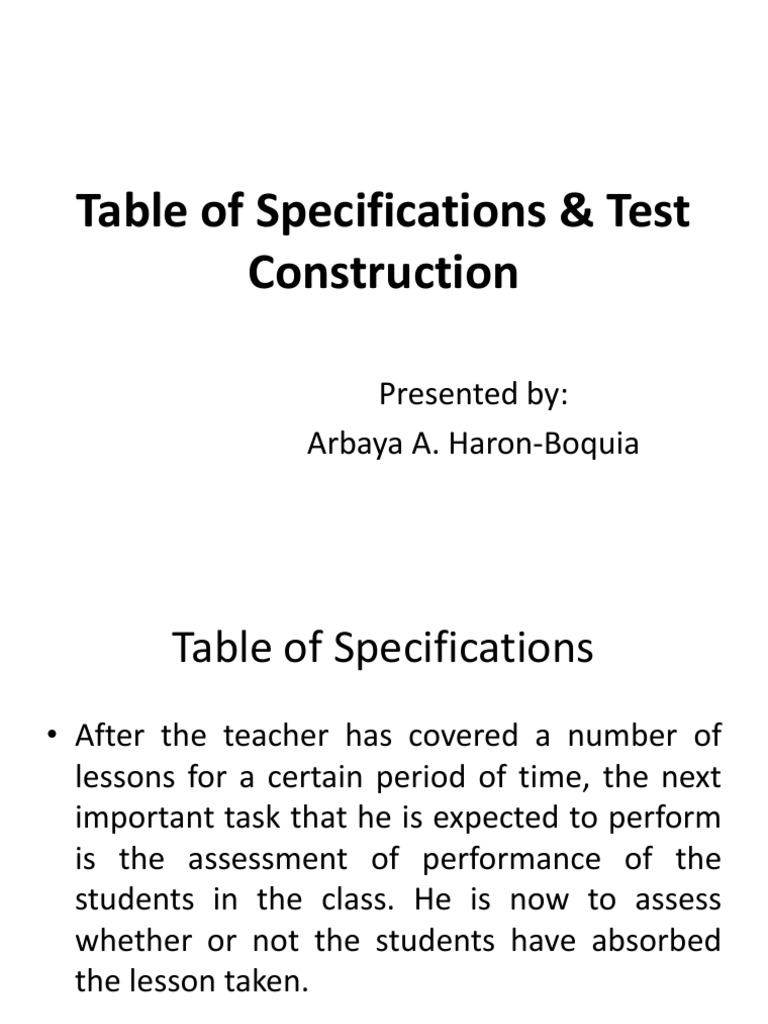 Table of Specifications in Test Design | PDF | Educational Assessment ...