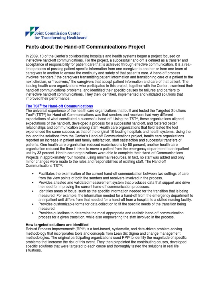 Facts About The Hand-Off Communications Project | PDF | Patient | Hospital