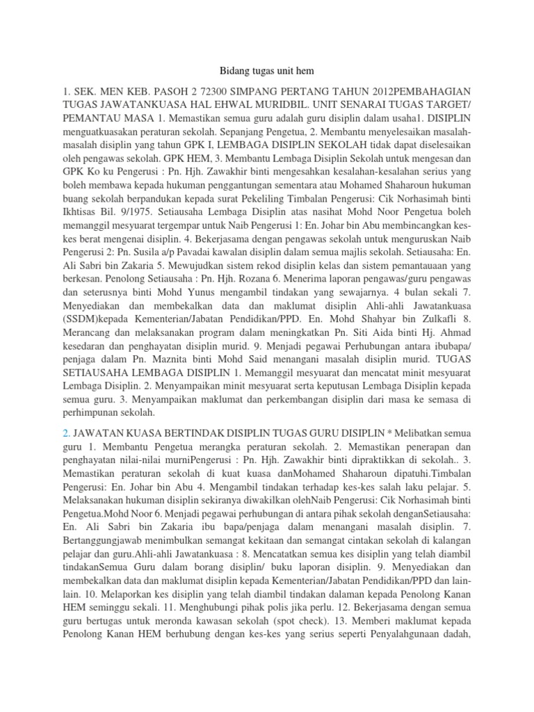Bidang Tugas Unit Hem | PDF