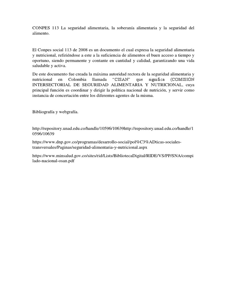 Seguridad Alimentaria en Colombia: CONPES 113 | PDF