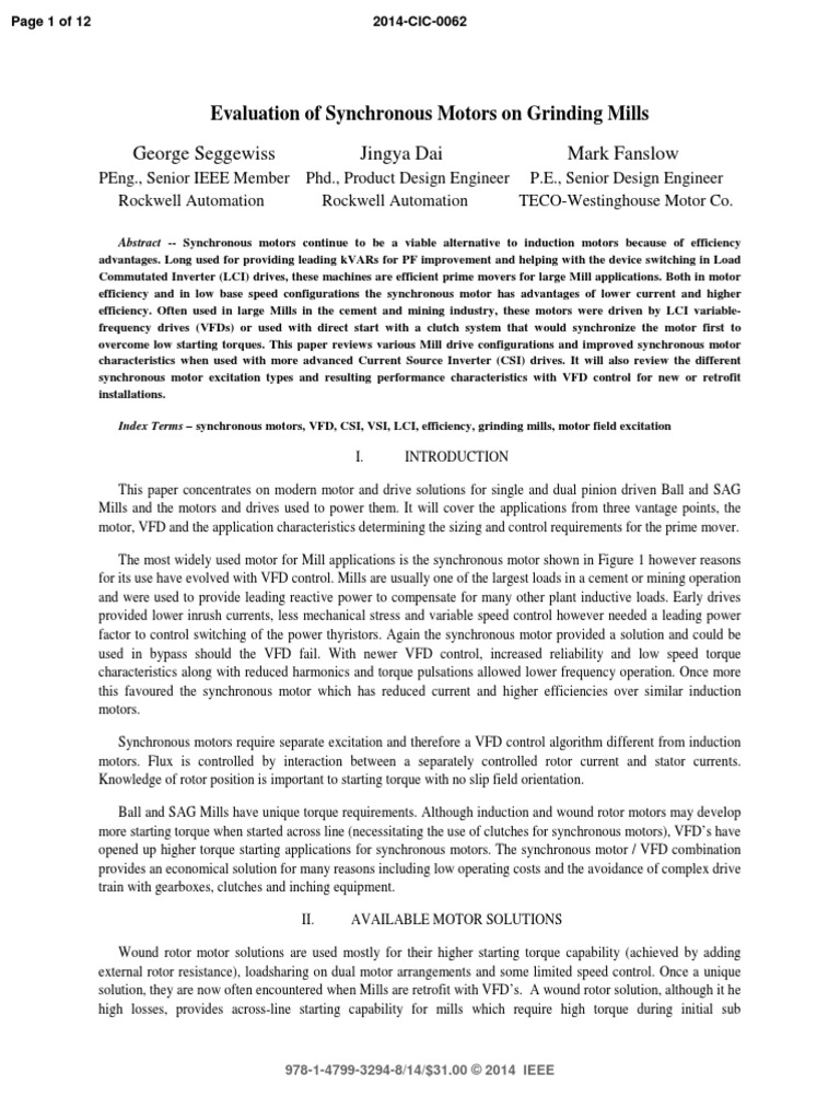 Evaluation of Synchronous Motors On Grinding Mills | PDF | Transmission ...