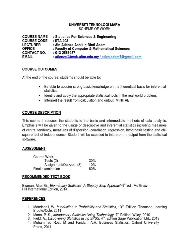Scheme of Work Sta408 | PDF | Variance | Analysis Of Variance
