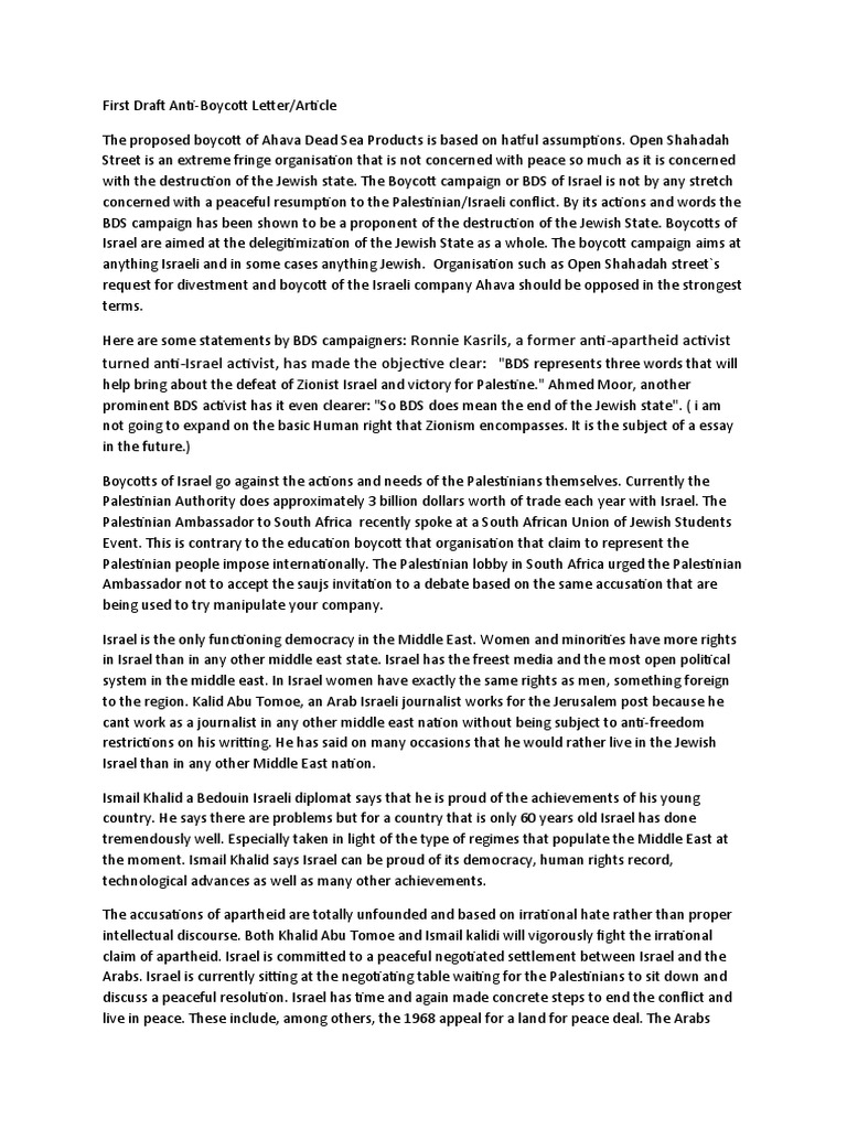 First Draft Anti Boycott Letter | PDF | Boycott, Divestment And ...