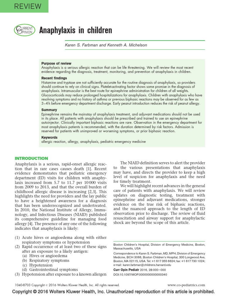 Anaphylaxis in Children Cur Opin Pediatric 2016 | PDF | Allergy | Food ...