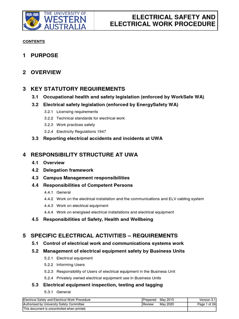Electrical Safety Work Procedures at UWA | PDF | Electrician | Ac Power ...