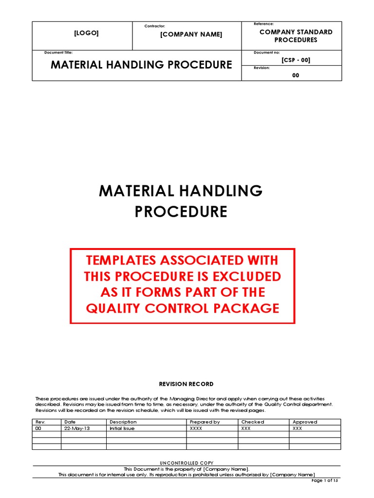 Procedures for the Inspection, Storage, and Handling of Materials at ...