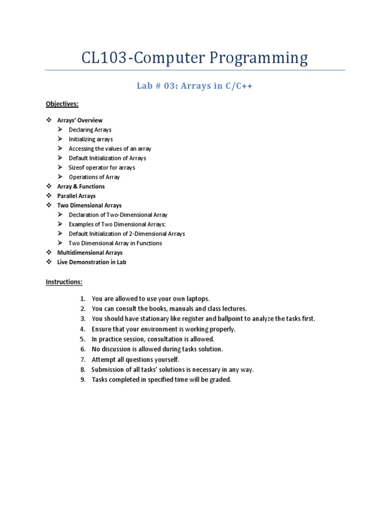 CL103 - Computer Programming - Lab # 03 (Arrays) | PDF | Array Data ...