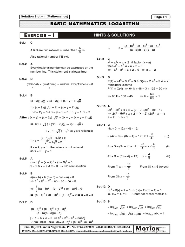 Answer Key Basic Maths Logarithm Pdf Complex Analysis Algebra