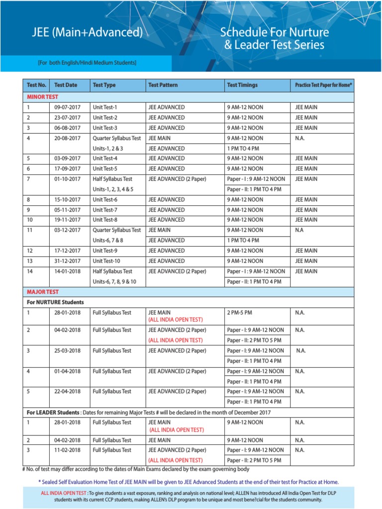 Schedule For Nurture & Leader Test Series JEE (Main+Advanced) | PDF ...