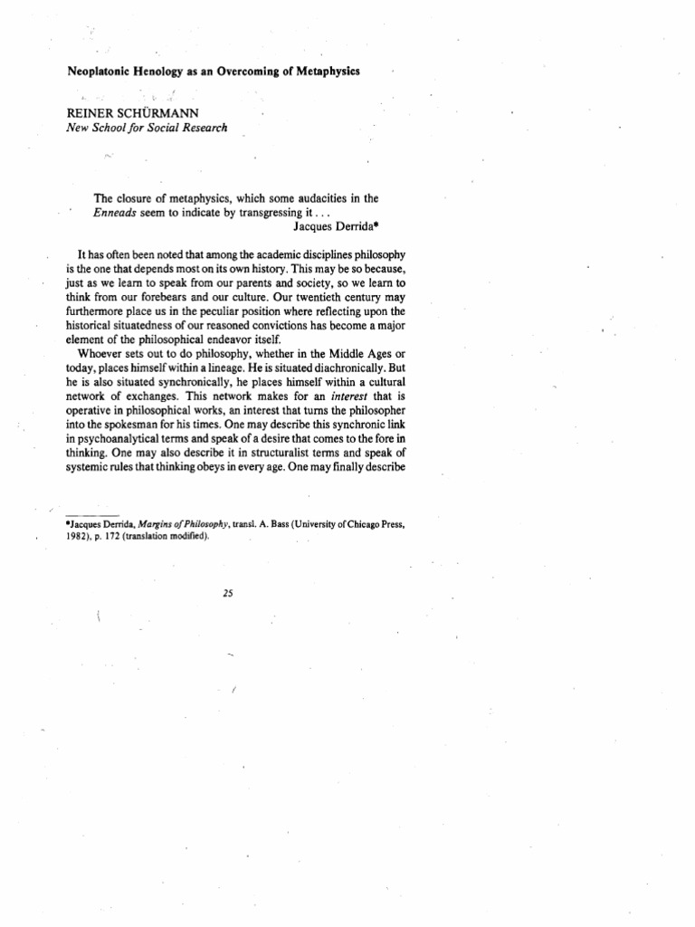 Reiner Schurmann Neoplatonic Henology As An Overcoming of Metaphysics ...