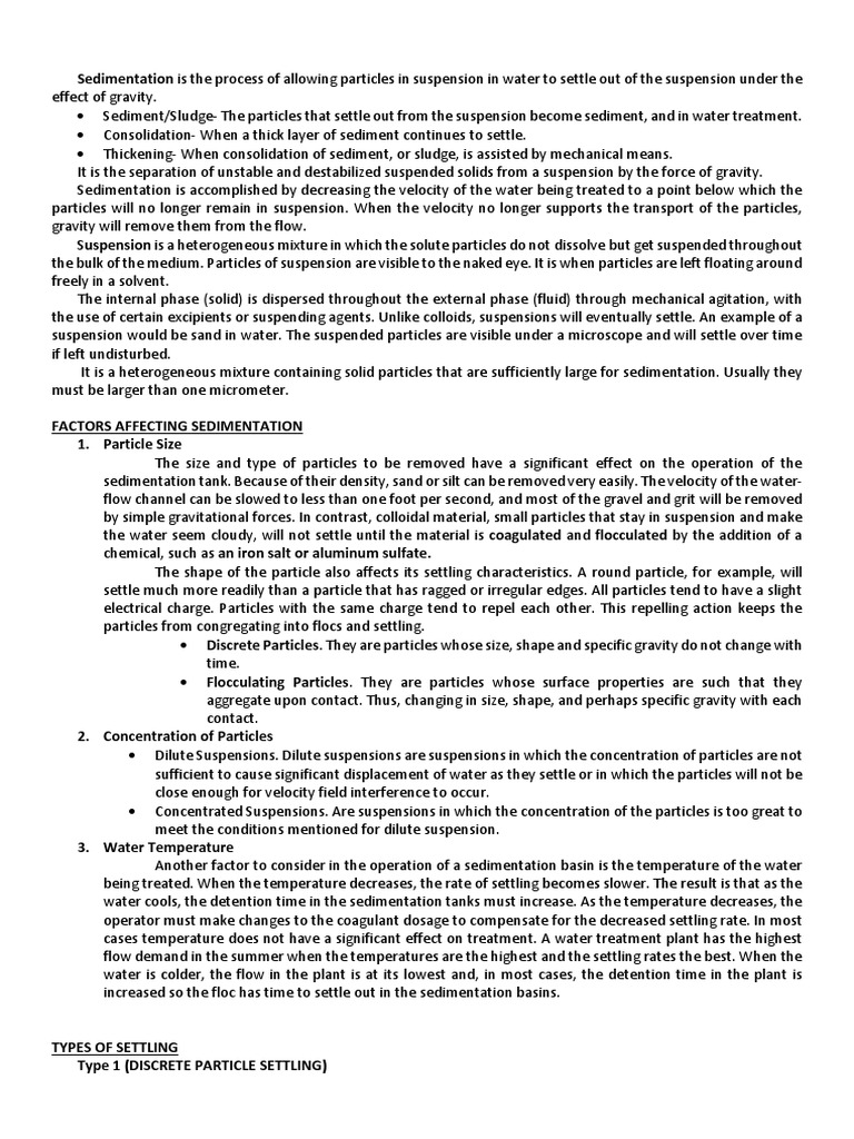 Sedimentation Is The Process of Allowing Particles in Suspension in ...