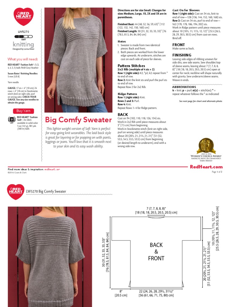 LW5270 Big Comfy Sweater Free Knitting Pattern | PDF | Knitting | Gauge ...