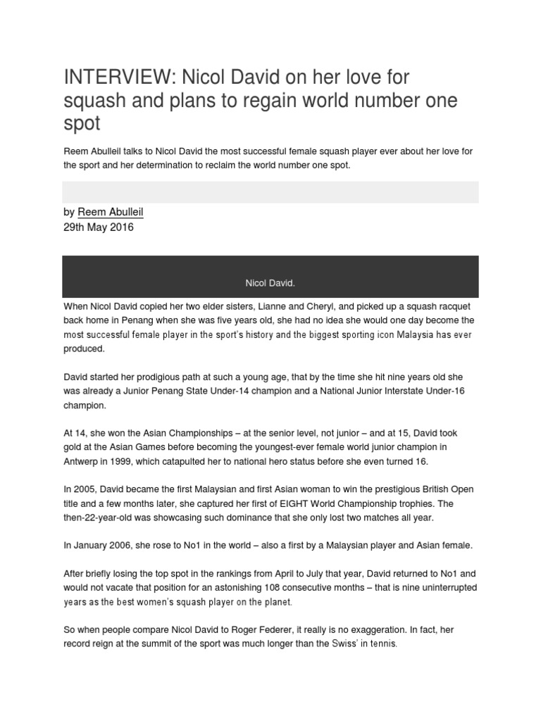 INTERVIEW: Nicol David On Her Love For Squash and Plans To Regain World Number One Spot | PDF ...