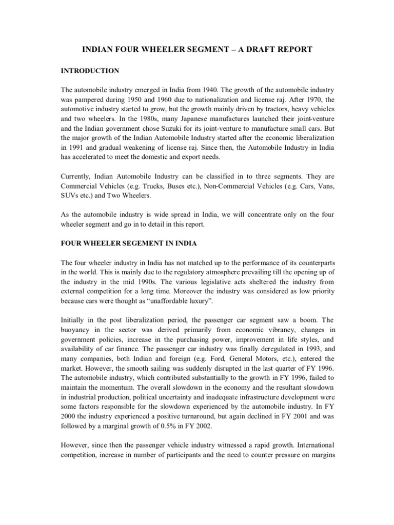 Indian Four Wheeler Segment - A Report | PDF | Car | Value Added Tax