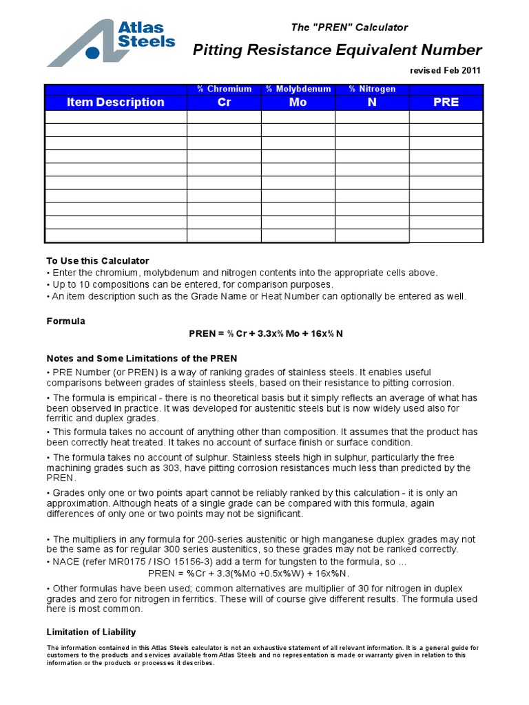 PREN Calculator Rev Feb 2011 | PDF | Molybdenum | Steel