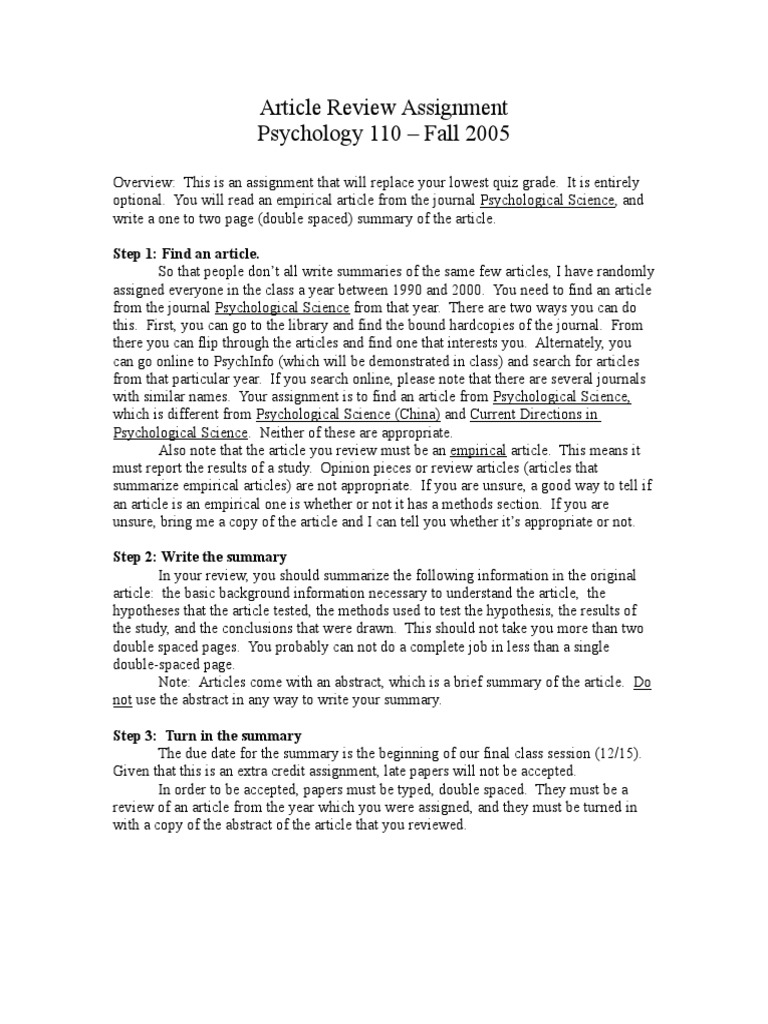 Article Review Assignment Science Psychology Cognitive Science