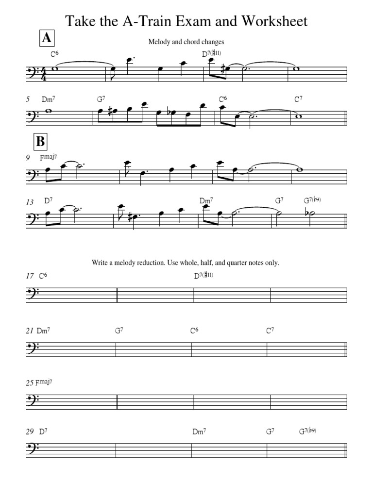 Take The A Train Exam Worksheet - Bass Clef | Scale (Music) | Musical Forms