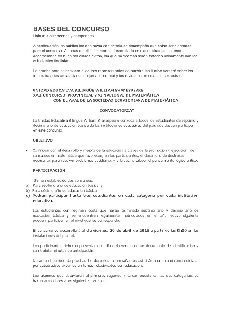 Bases Del Concurso de Matematica | PDF | Fracción (Matemáticas) | Aritmética