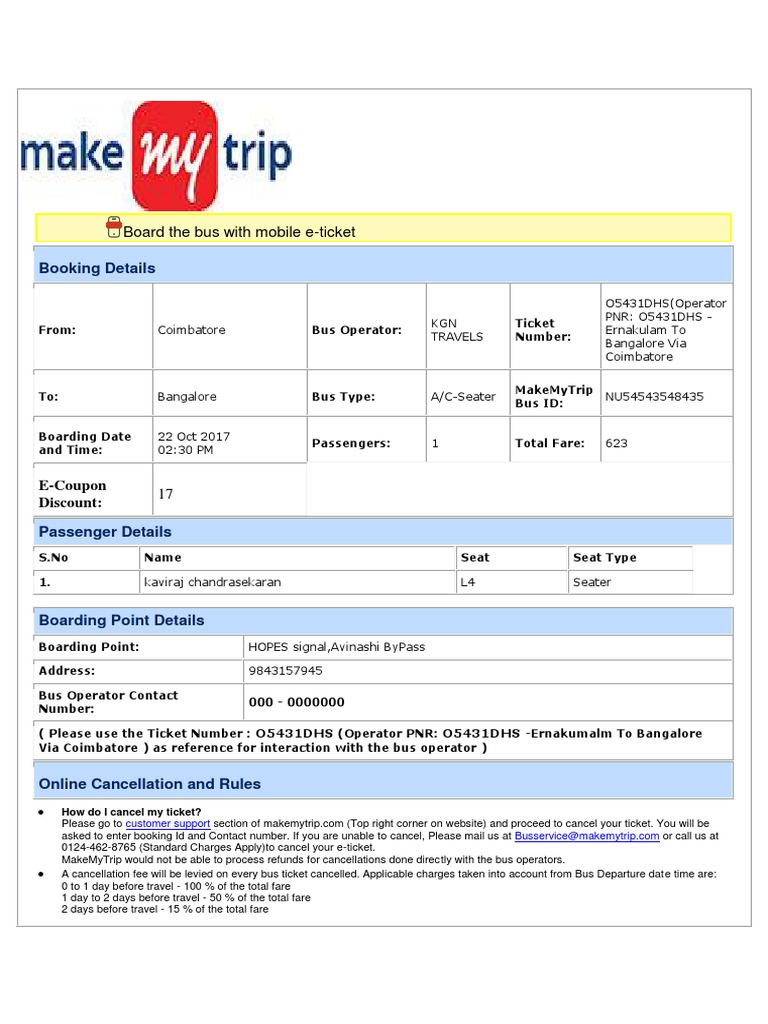 Cbe To BN On Oct 22 | PDF | Bus | Ticket (Admission)