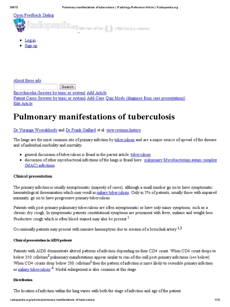 Pulmonary Manifestations of Tuberculosis - Radiology Reference Article ...