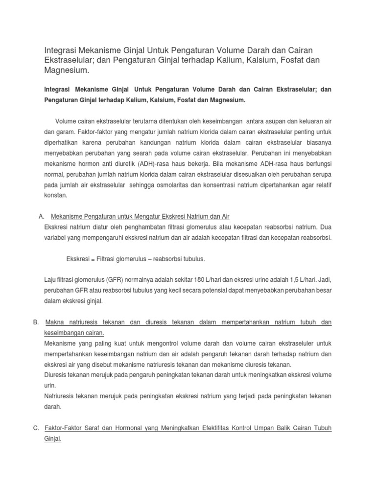 Integrasi Mekanisme Ginjal Untuk Pengaturan Volume Darah Dan Cairan ...